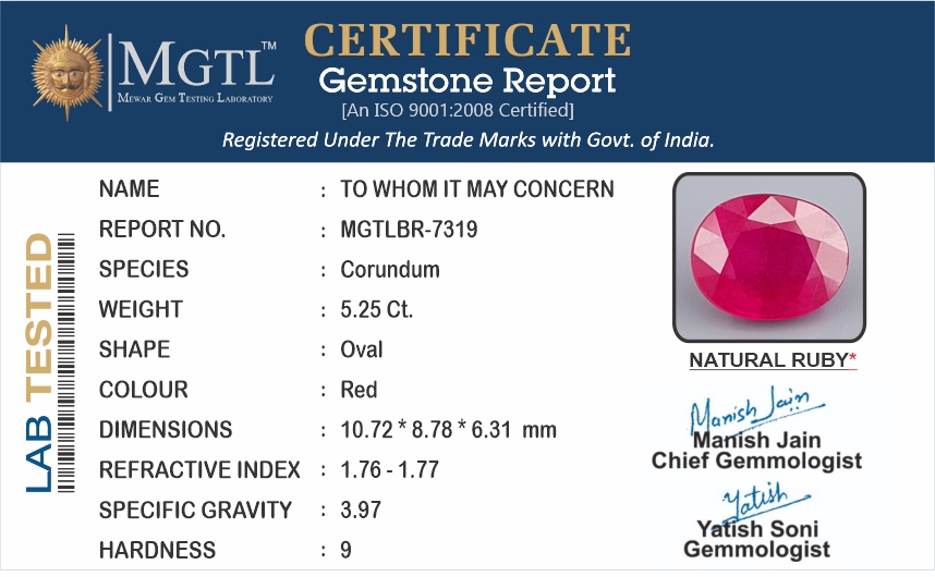 Buy 5.25 Carat Natural Ruby Stone Online | MyRatna