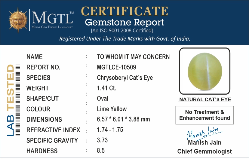 Buy 1.41 Carat Vaiduryam Stone Online At Best Price