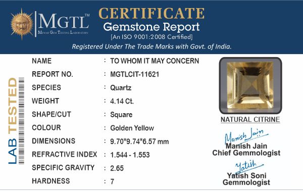 Buy Brazilian Citrine - 4.14 Carat Rare Quality CIT-11621 Online | MyRatna