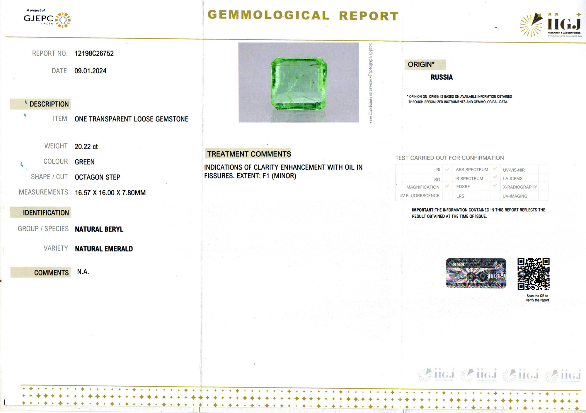 Buy Russian Emerald - 20.22 Carat Rare Quality EMD-10123 Online | MyRatna